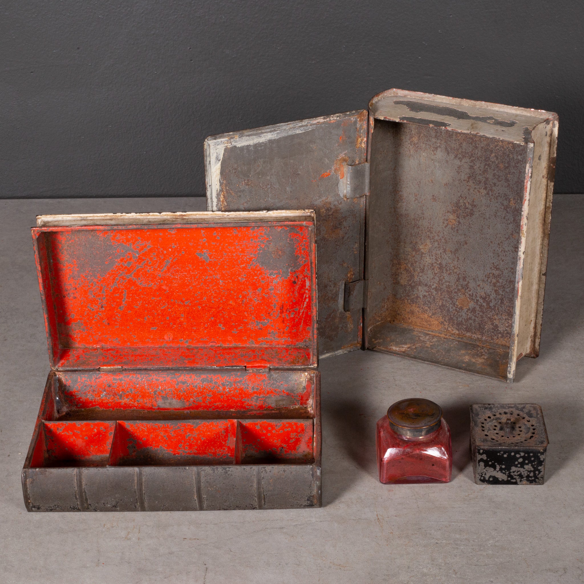 Antique Distressed Metal Faux Books with Travel Ink Well c.1900-1920 ...