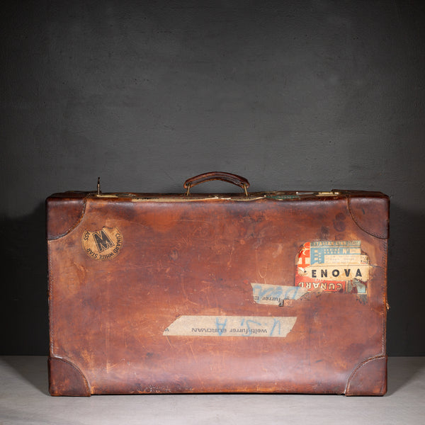 Antique Large Leather Suitcase with Original Travel Stickers c.1920 ...