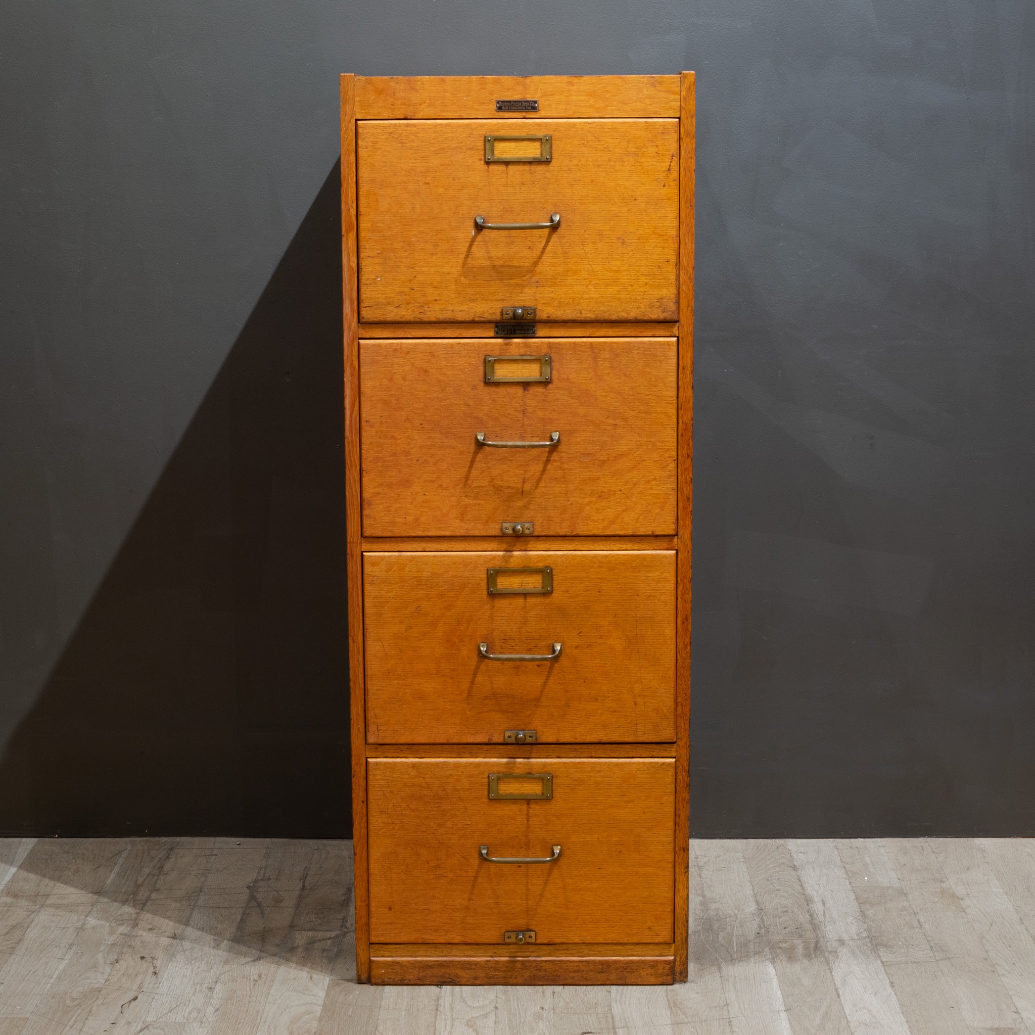 Antique Four Drawer Oak and Brass File Cabinet c.1930 | S16 Home