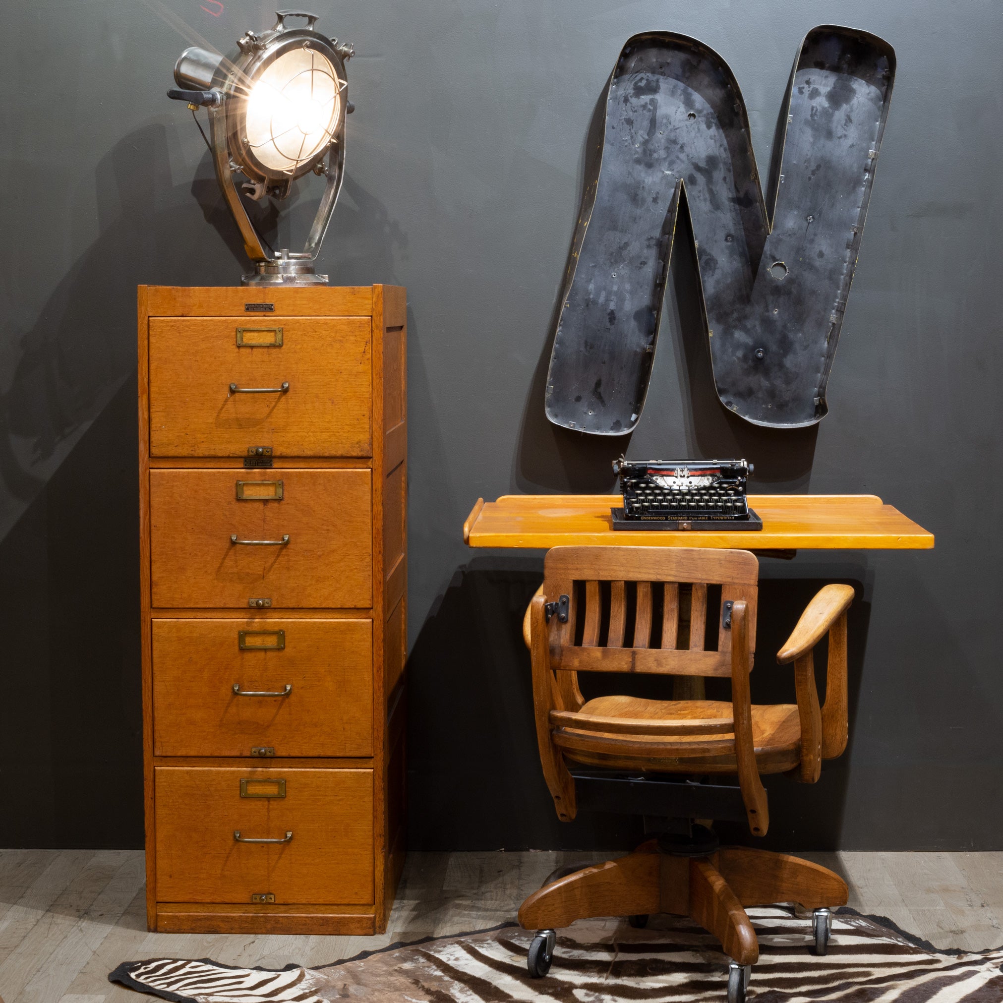 Antique Four Drawer Oak and Brass File Cabinet c.1930 | S16 Home