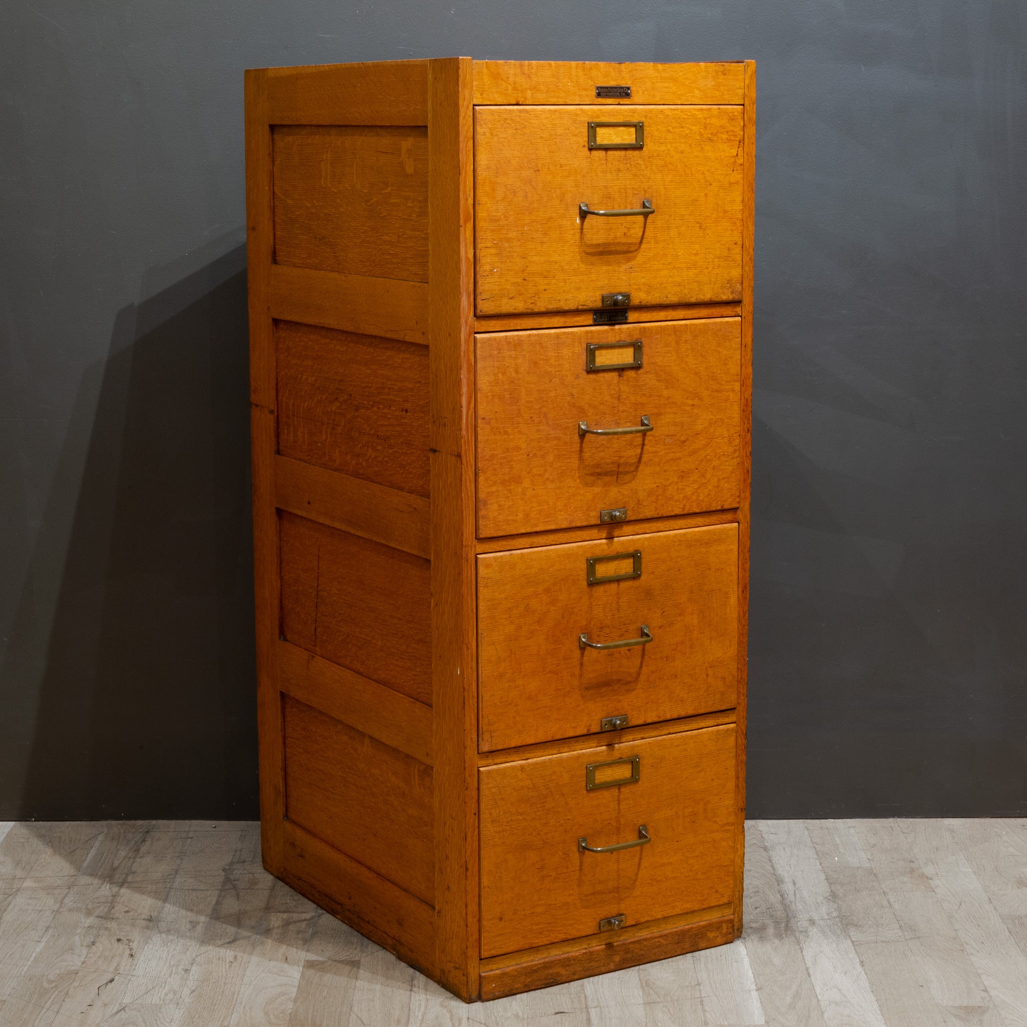 Antique Four Drawer Oak and Brass File Cabinet c.1930 | S16 Home