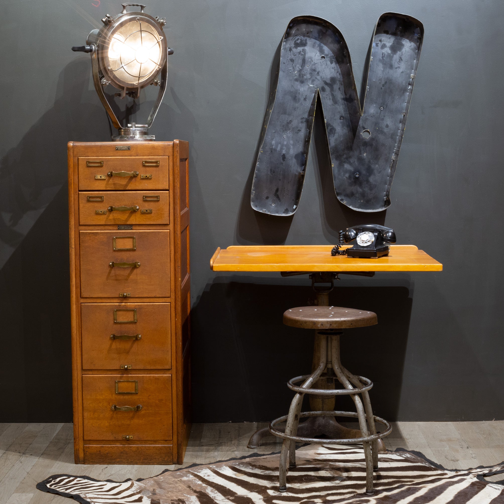 Antique Five Drawer Oak and Brass File Cabinet c.1930 | S16 Home