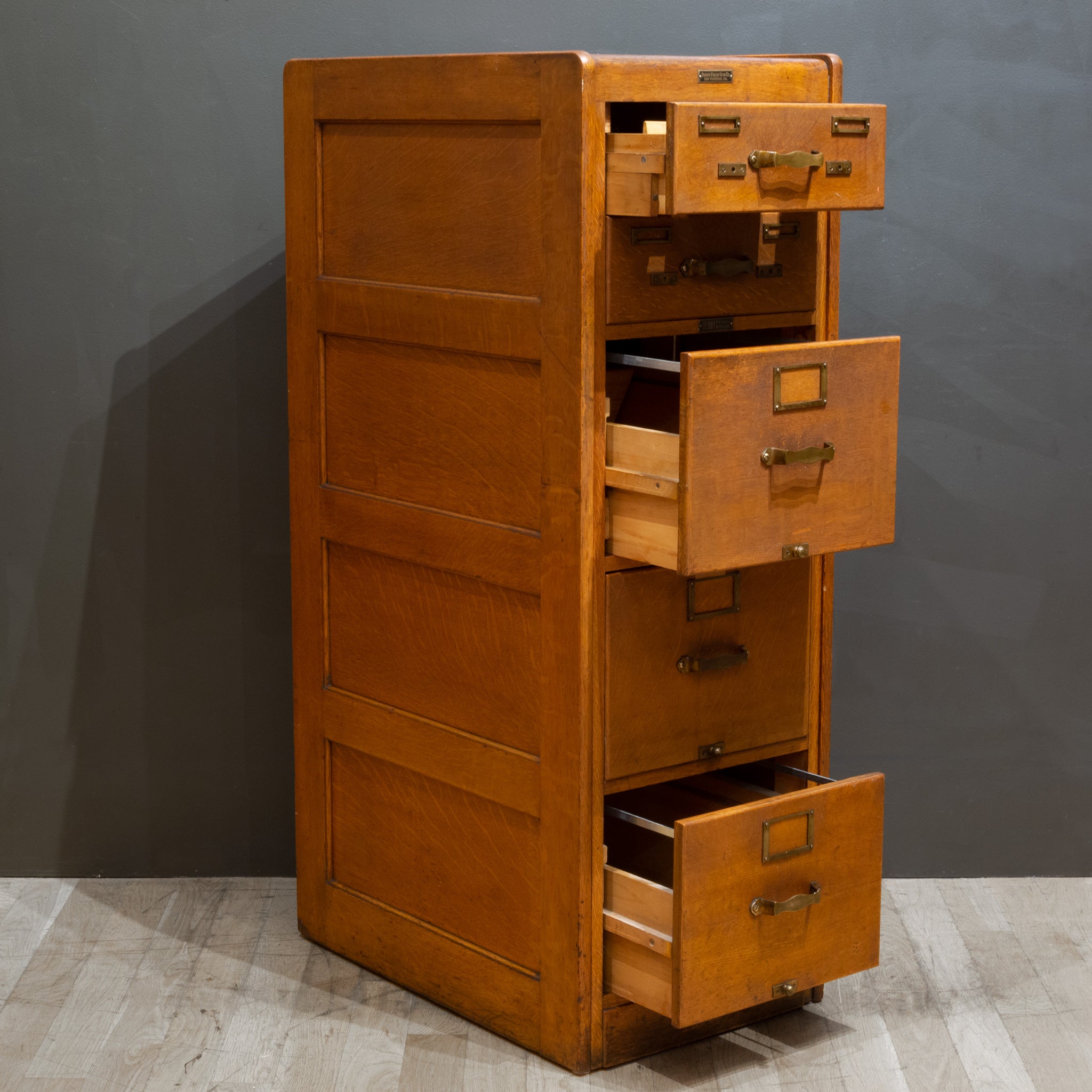 Antique Five Drawer Oak and Brass File Cabinet c.1930 | S16 Home