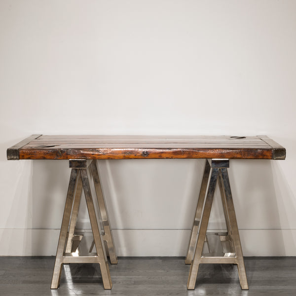 Antique Tudor Oak and Steel Ship Hatch Desk with Polished Nickel ...
