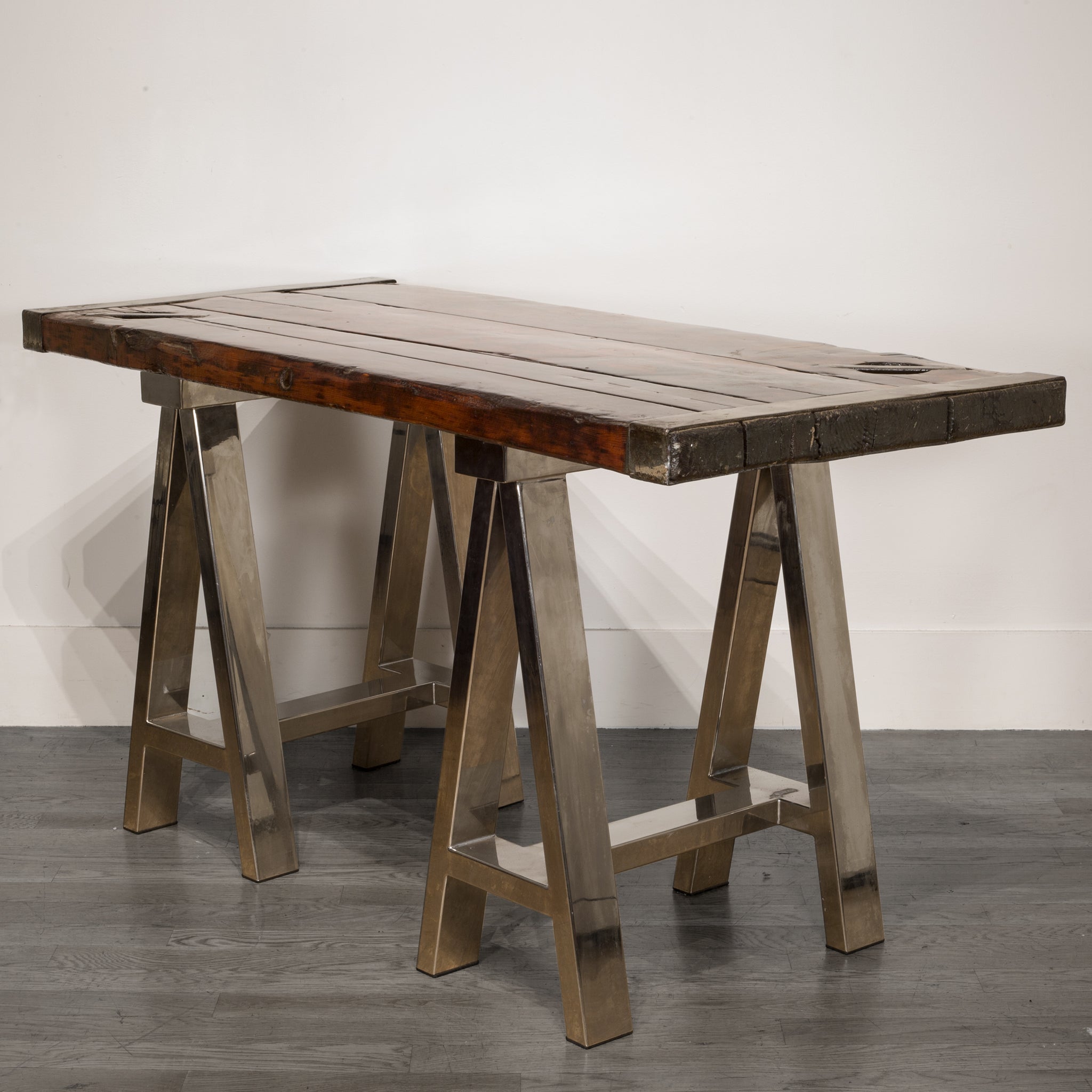 Antique Tudor Oak and Steel Ship Hatch Desk with Polished Nickel ...