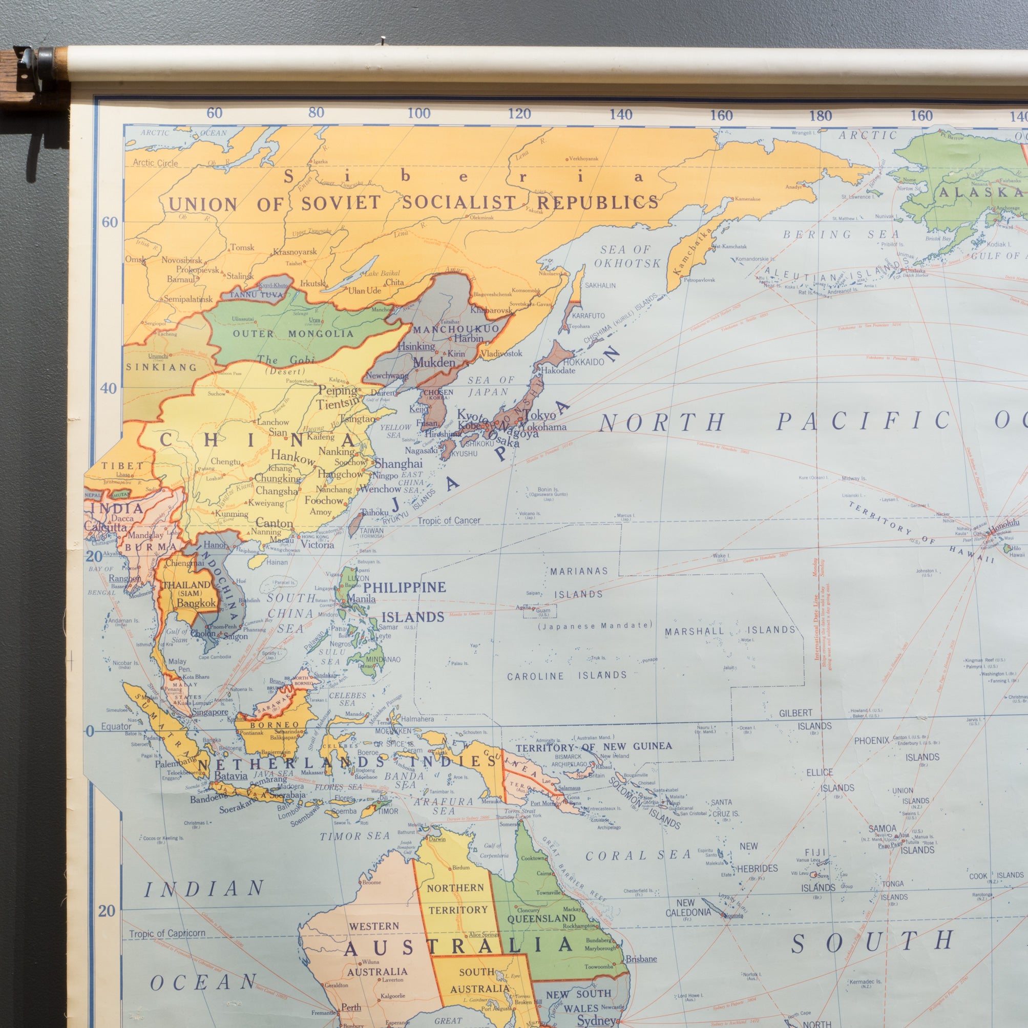 Large Pacific Ocean Pull Down Classroom Map c.1943 | S16 Home